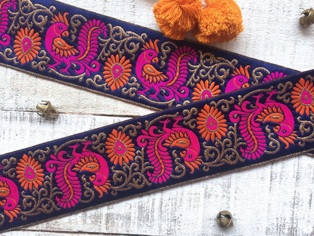 Indian Ribbons, Bird Lace, Sari Border, Jacquard Trim, Pink, Orange ...