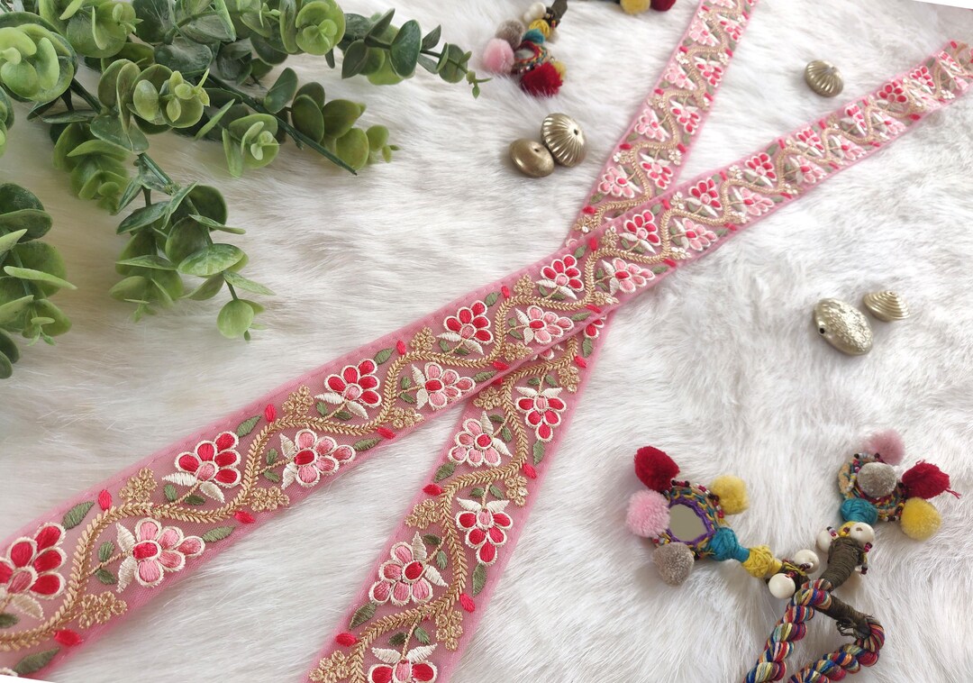 Embroidered Border, Thread Work, Indian Lace, Decorative, Pink Net Trim ...