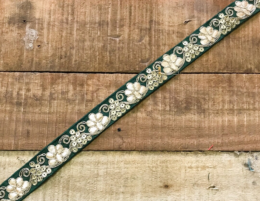 Indian Lace, Dark Green Lace Border, Buta Embroidery, Gold Sequins ...