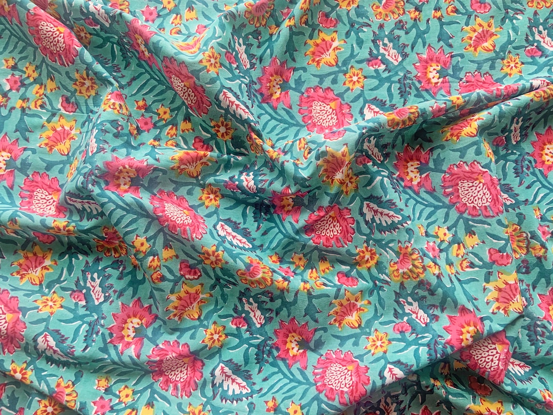 Turquoise Cotton Fabric, Handprinted Fabric, Cotton by Yard, Jaipur ...