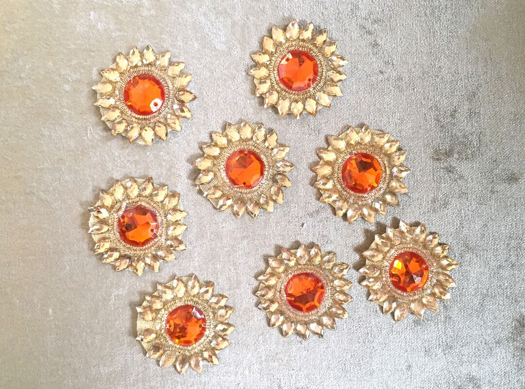 Orange and Amber Crystals Set in Flower Shaped Handmade Embellishment 4 ...