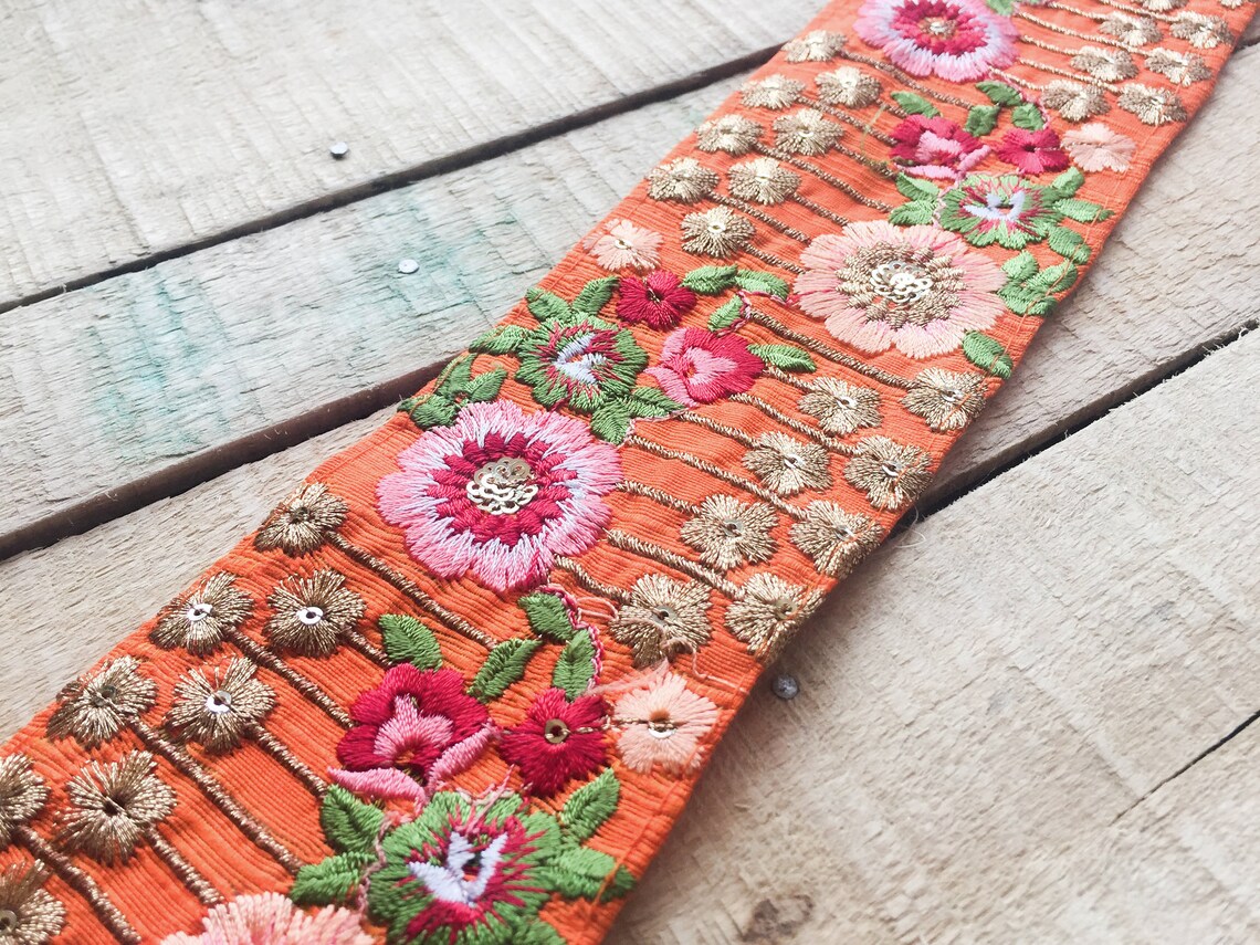 Floral pattern orange lace indian trims embroidered ribbon | Etsy