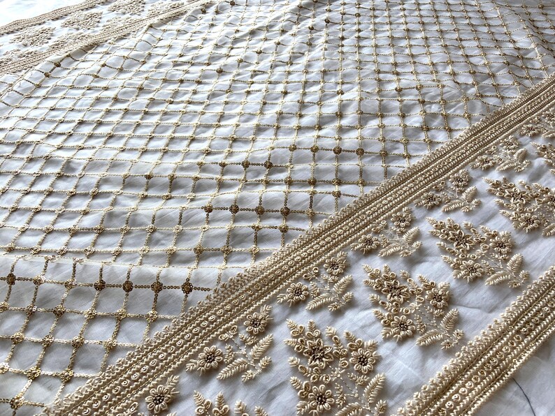 Indian Embroidered Fabric Cream Net Fabric With Beige and - Etsy
