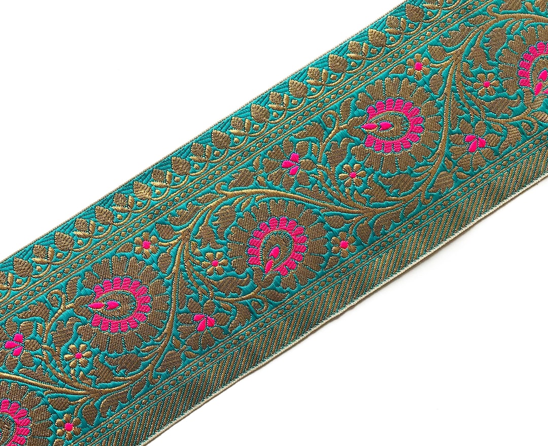 Jacquard Trim, Sari Border, Teal Floral Fabric Trim, Indian Border ...