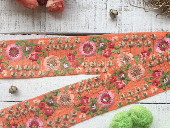 Floral pattern orange lace indian trims embroidered ribbon | Etsy