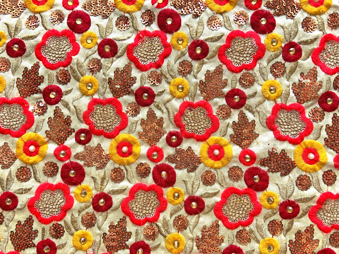 Indian Fabric, Beige Fabric, Floral Pattern, Embroidered, Dress ...