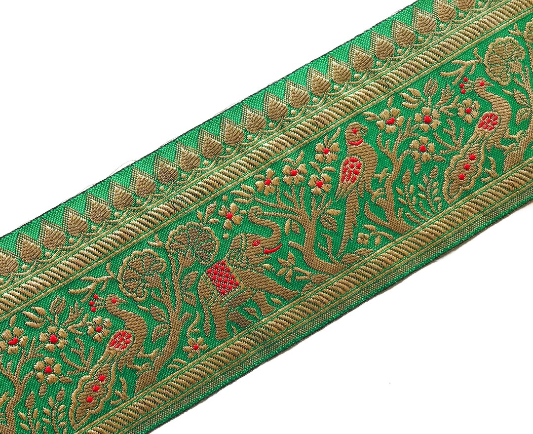 Jacquard Trim, Indian Saree Border, Green Fabric Trim, Boho Woven Lace ...