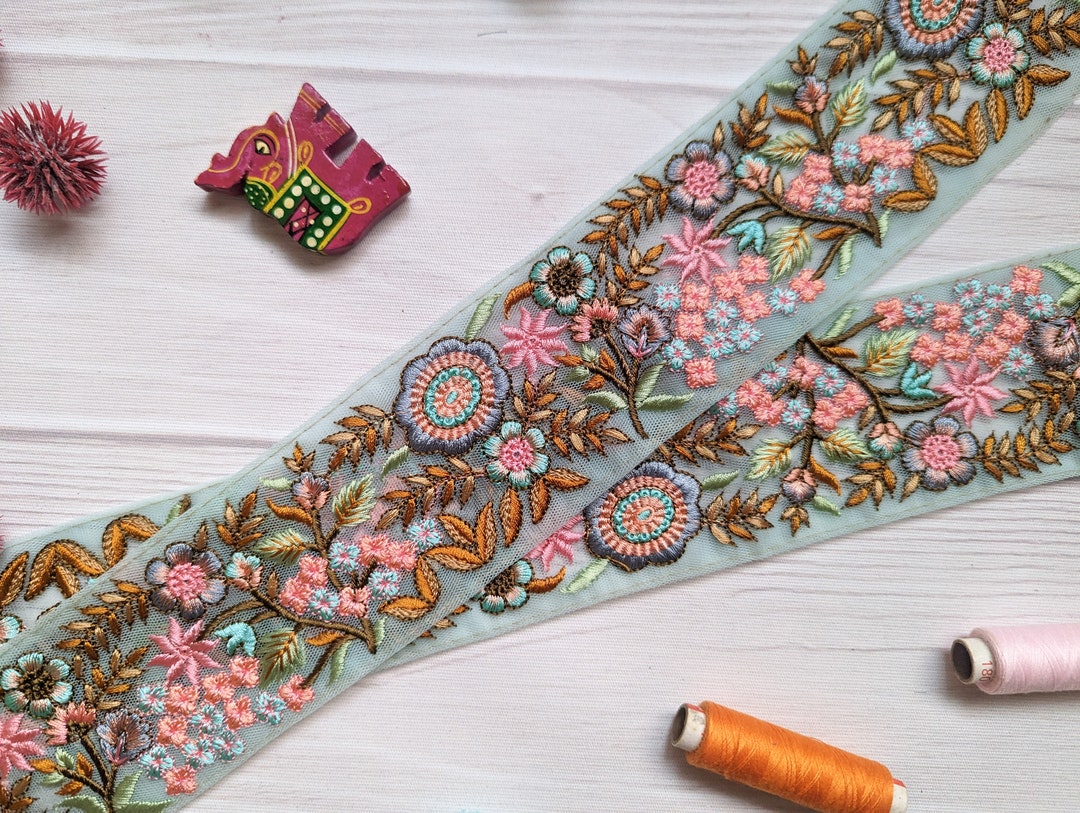 Saree Border, Embroidered Trim, Turquoise Lace, Boho Trim, India Laces ...