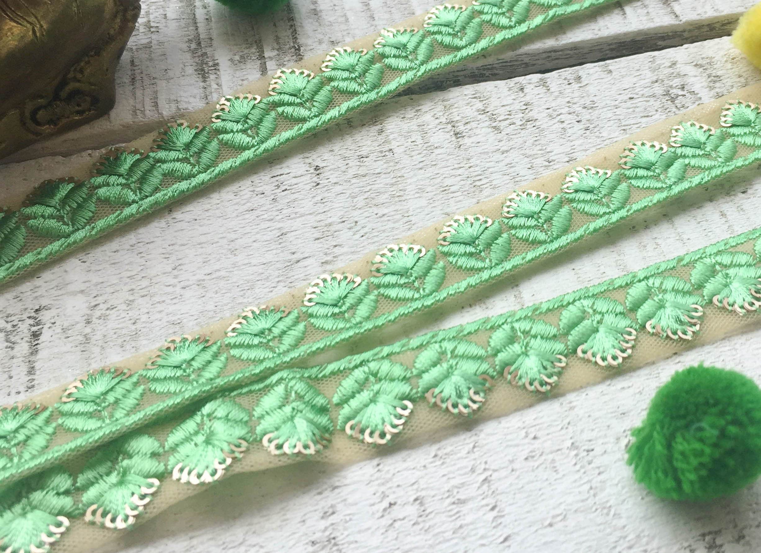 Indian Border, Green Floral Pattern, Light Beige Lace, Embellished With ...