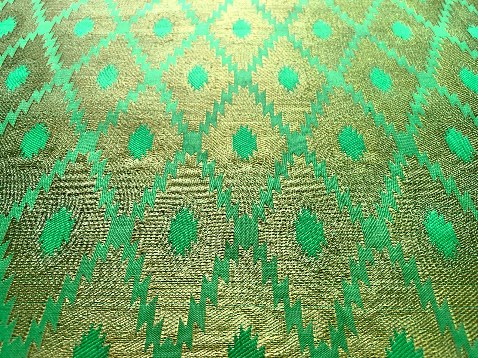 Indian Brocade Fabric, Green and Gold Geometric Pattern Brocade, Indian ...