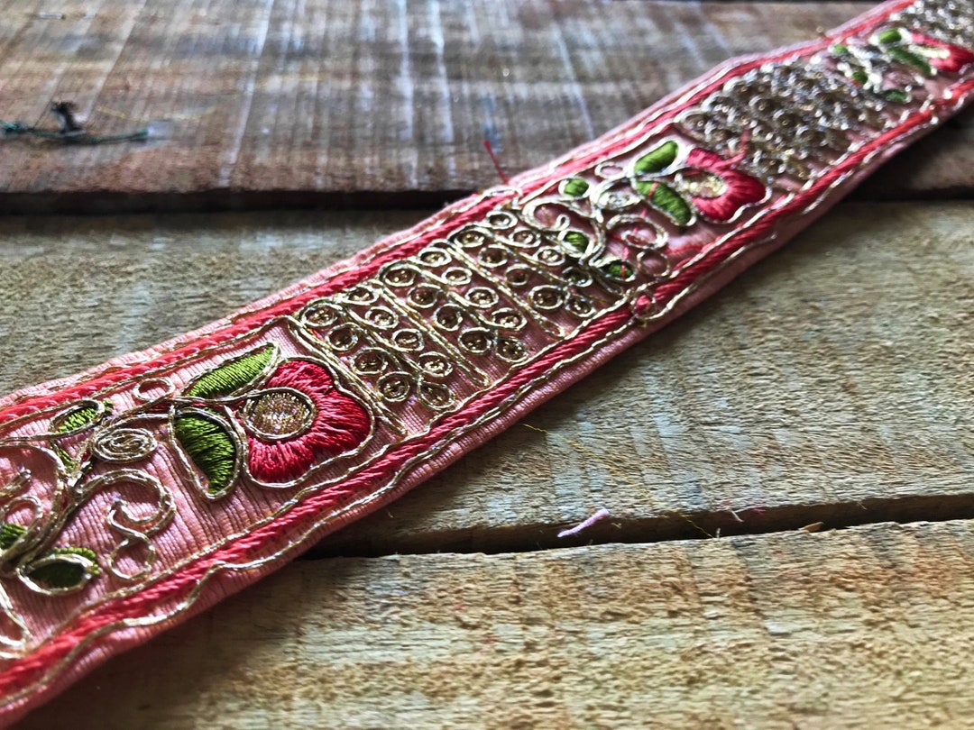 Indian Trims, Golden Embroidery Trim, Sari Border, Pink Fabric Ribbon ...