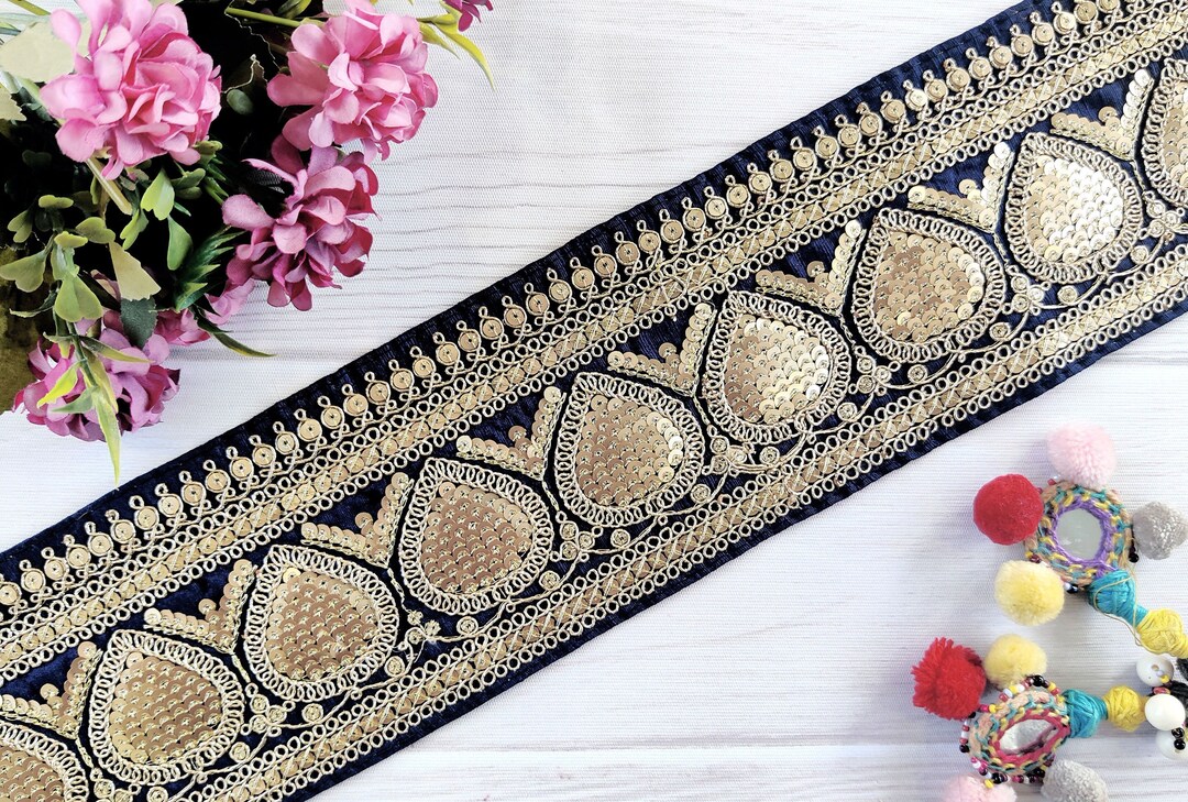 Navy Blue Lace, Indian Lace, Embroidered Borders, India Lace, Gold ...