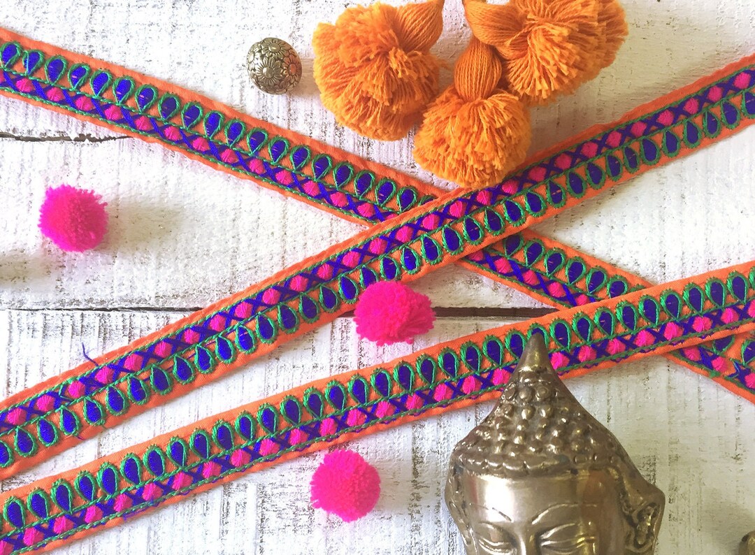 Orange Lace, Fabric Laces, Indian Borders, Embroidered Ribbon, Indian ...