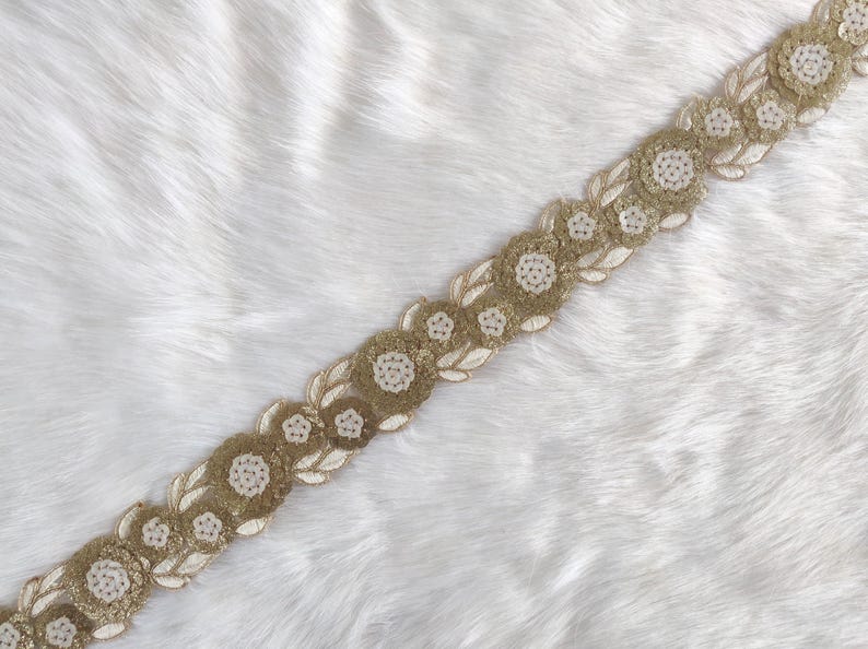 Indian Lace, off White, Golden Border, Floral, Trim by the Yard, Craft ...