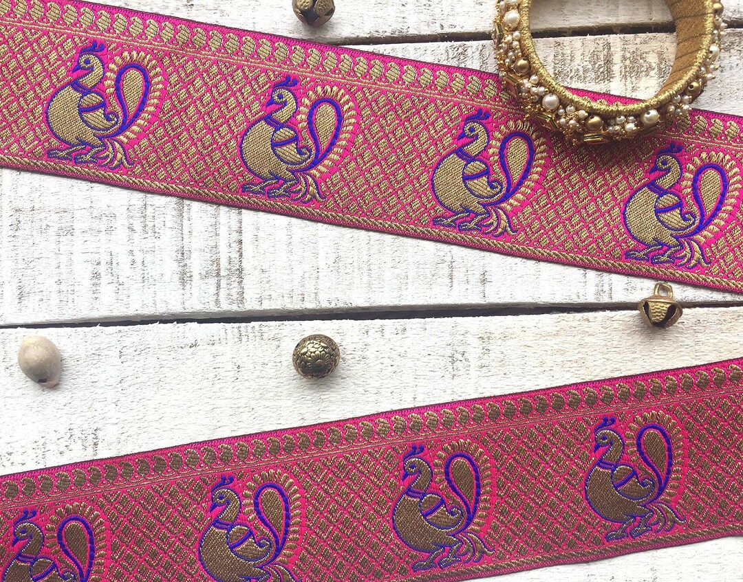 Indian Trims, Jacquard Sari Border, Pink Fabric Ribbon, Boho Peacock ...