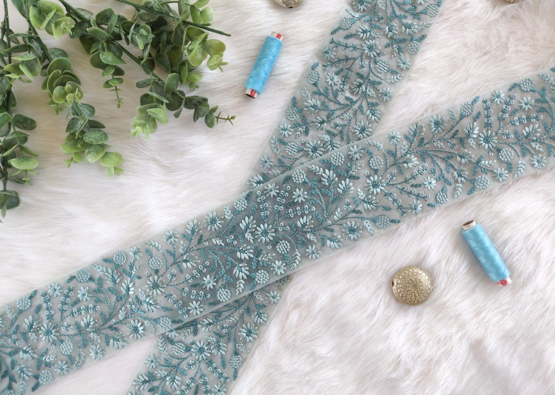 Powder Blue Net Trim, Indian Lace, Embroidered Net Border, Sari Border ...