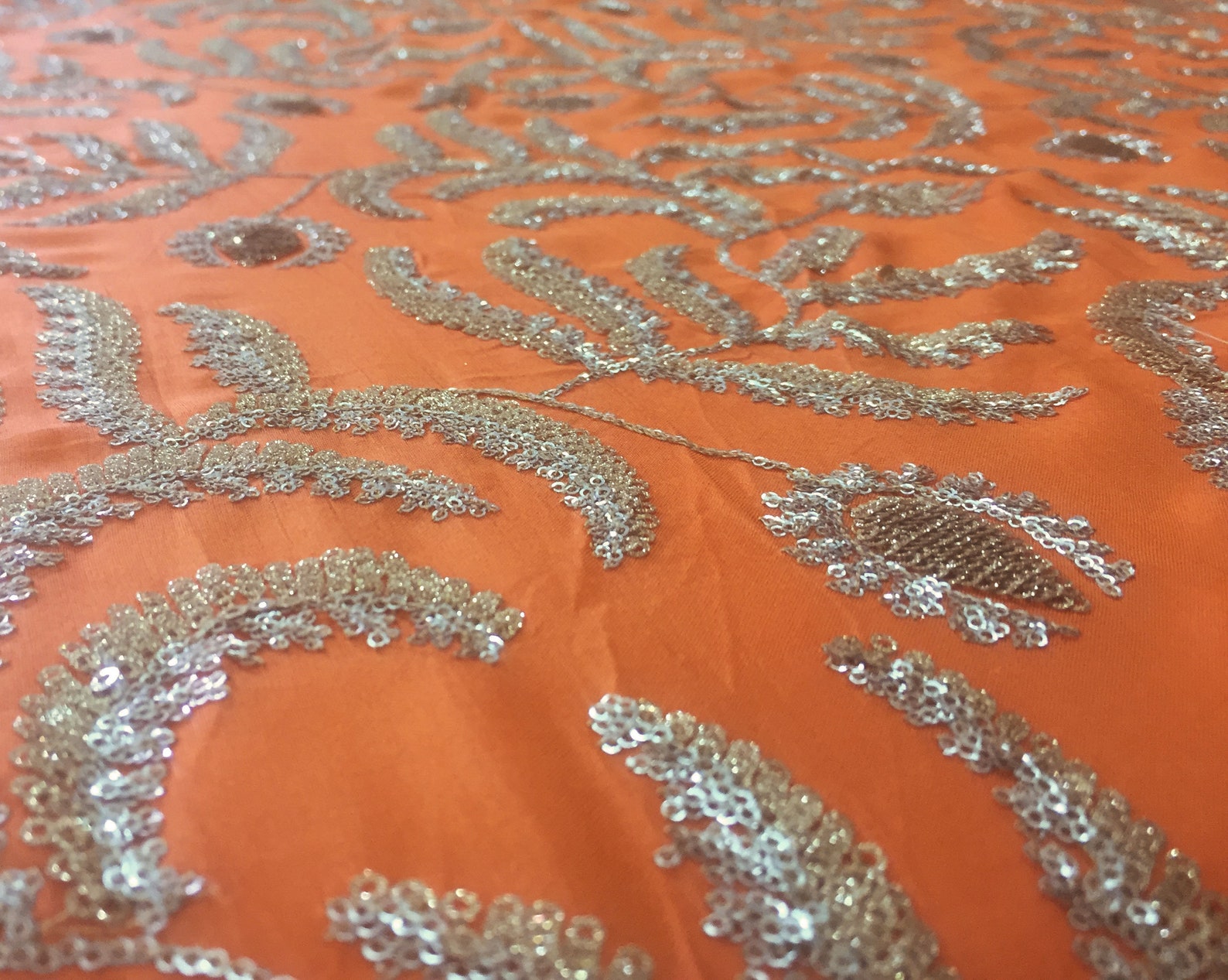 Embroidered Fabric, Orange Silky Fabric, Silver and Light Gold Sequins ...