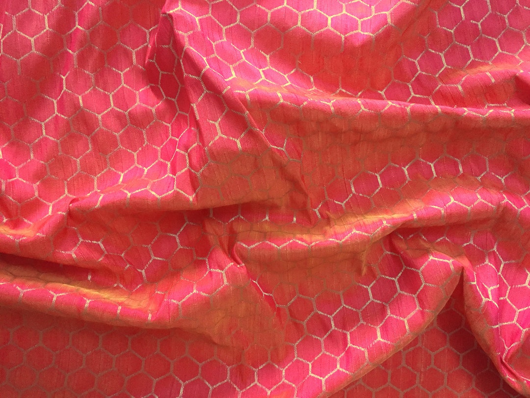 Indian Brocade Fabric, Honeycomb Pattern, Banarasi, Yellow and Hot Pink ...