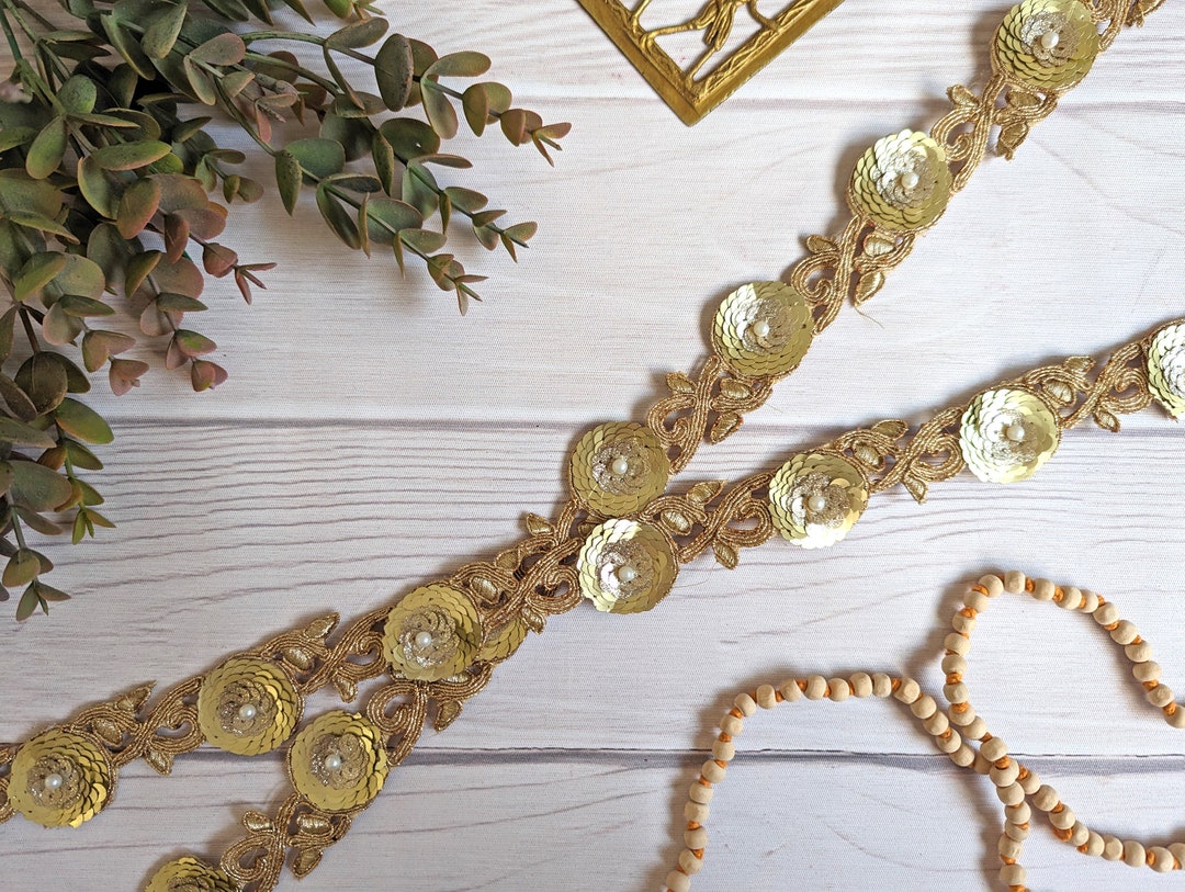 Indian Fabric Trim, Gold Sequin Border, Gold Embroidered Trim, Trim by ...