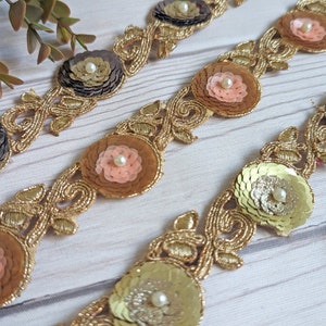 Indian Fabric Trim, Gold Sequin Border, Gold Embroidered Trim, Trim by ...
