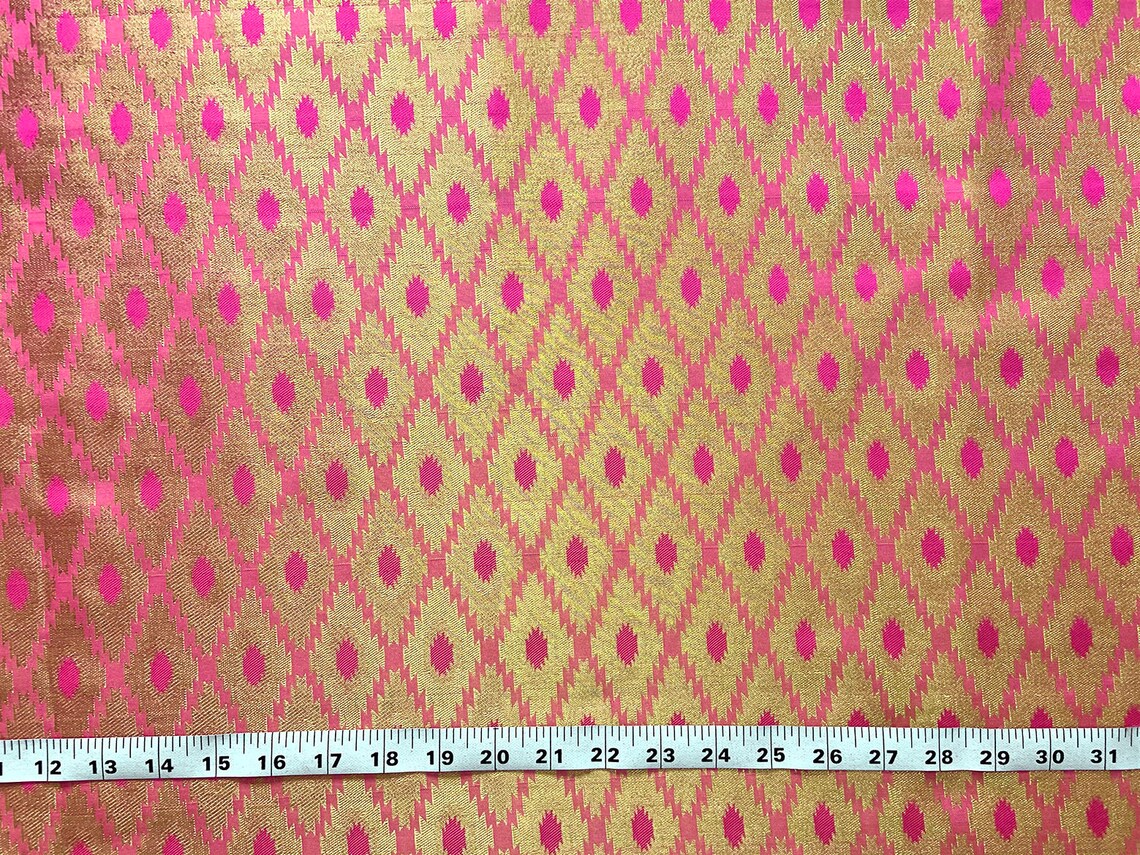 Indian Brocade Fabric, Hot Pink and Gold Geometric Pattern Brocade ...