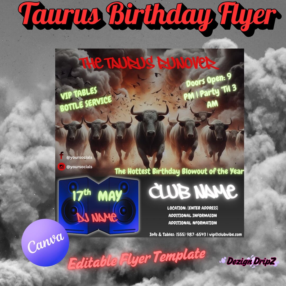 Taurus Birthday Flyer | Adult Club Party Invitation | Editable Canva ...