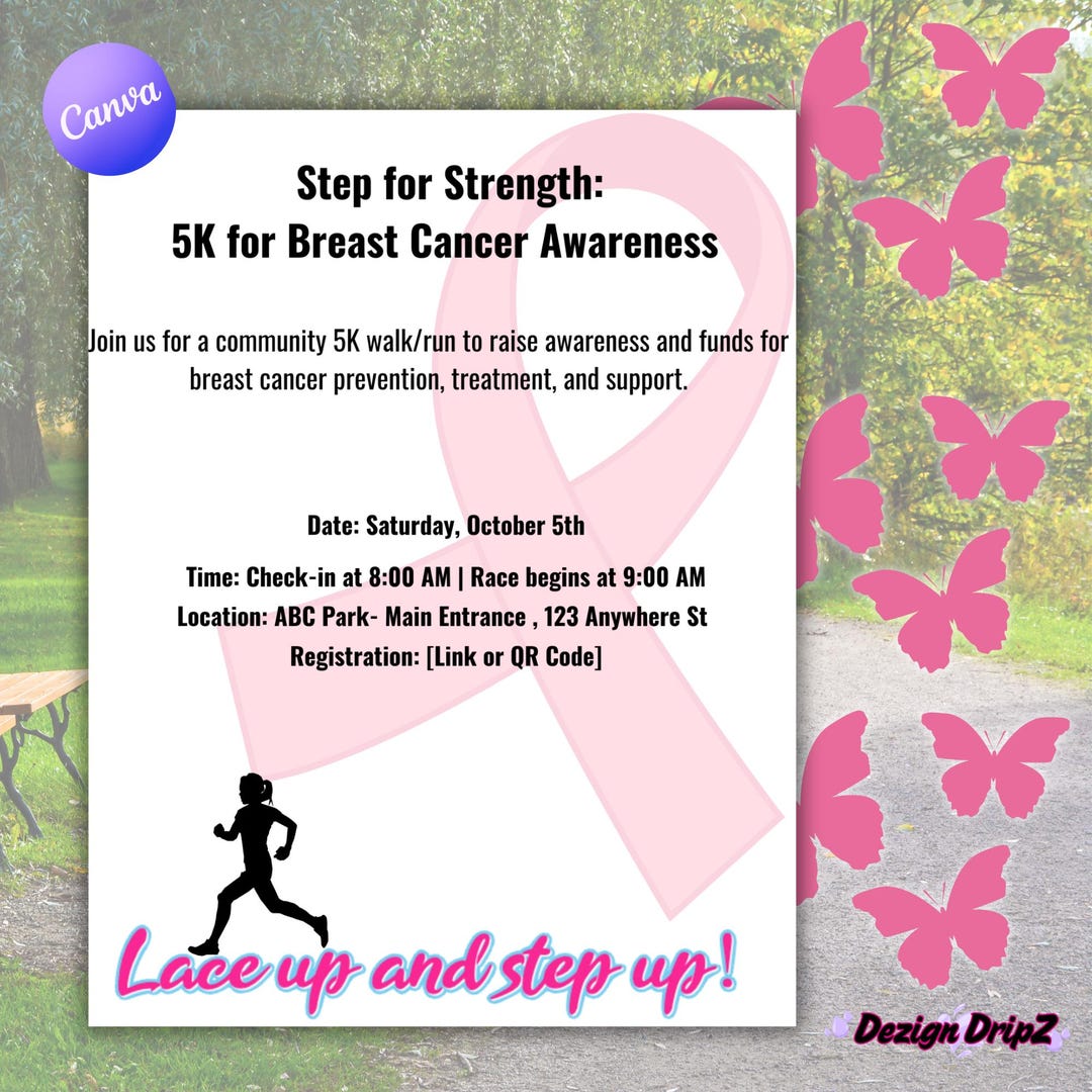 Breast Cancer Run Flyer Template: Pink Ribbon 5K (editable Canva ...