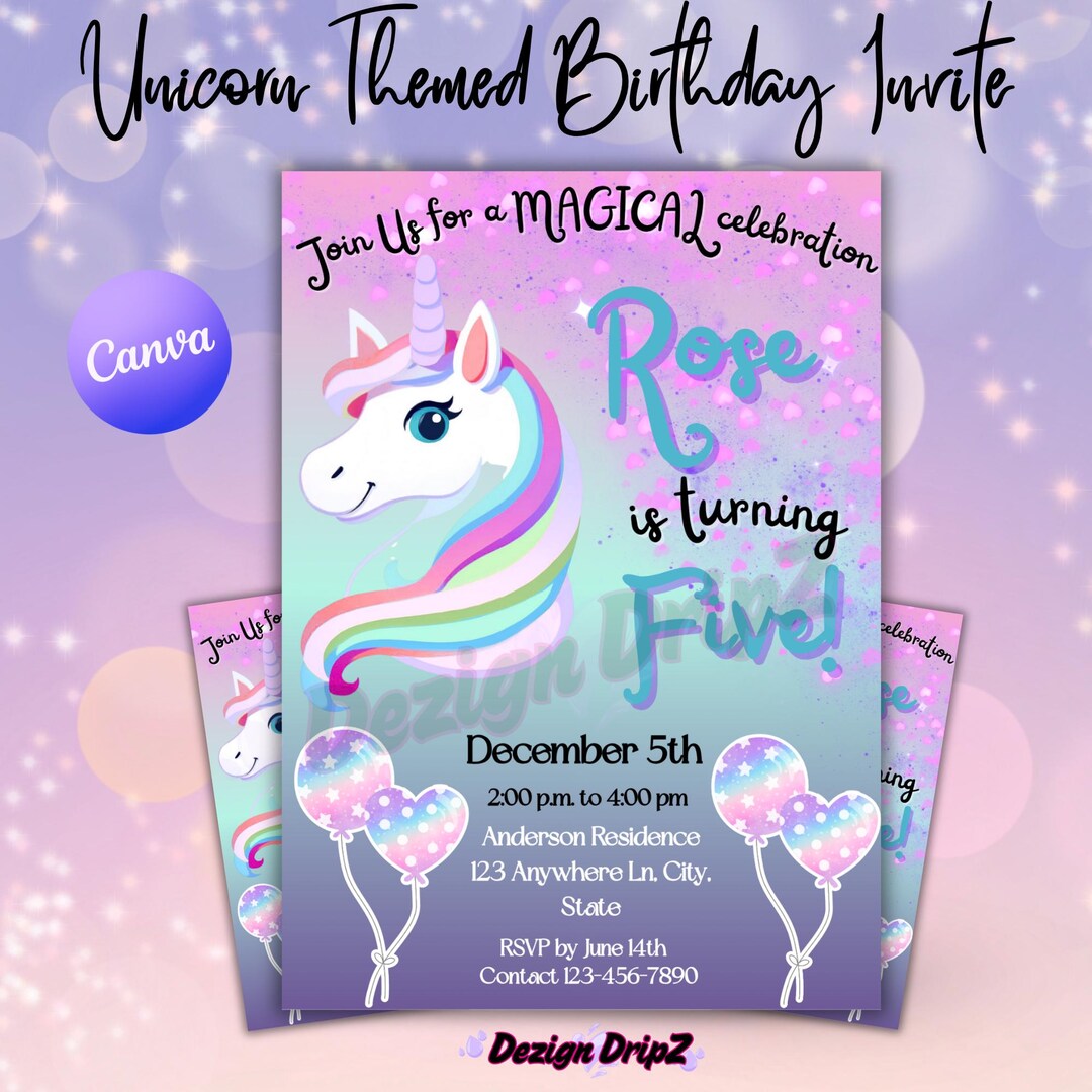 Unicorn Birthday Invitation Template: Editable Canva Party Invite ...