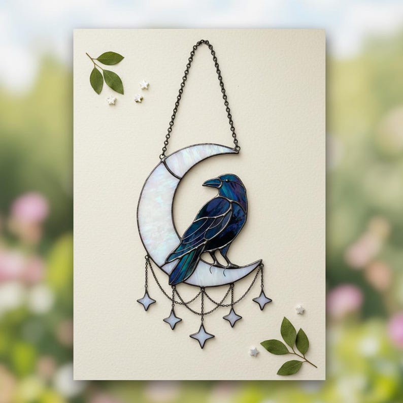 Stained Glass Raven Moon Suncatcher, Iridescent Celestial Window ...