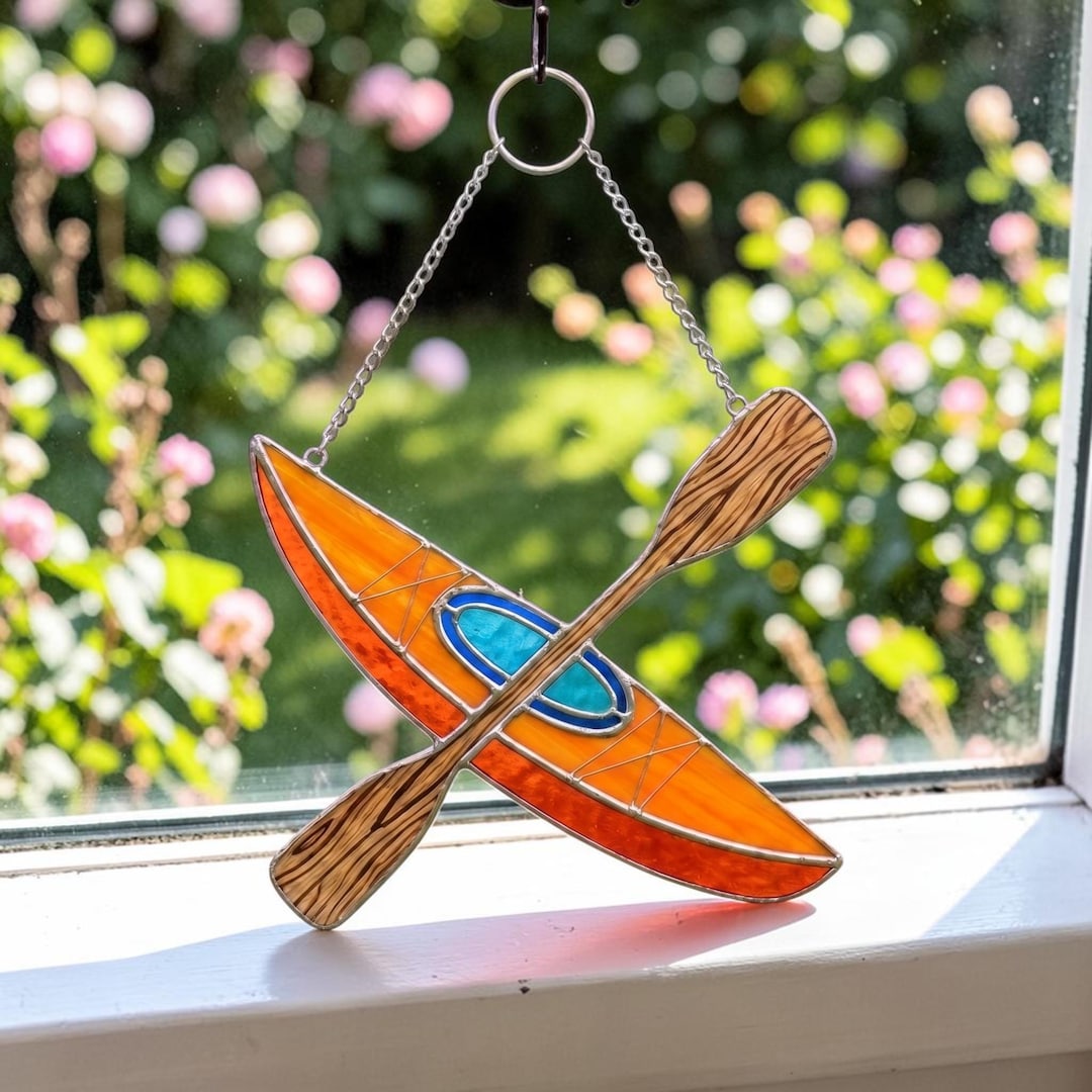 Real Stained Glass Kayak Suncatcher, Handcrafted Canoe Window Art ...