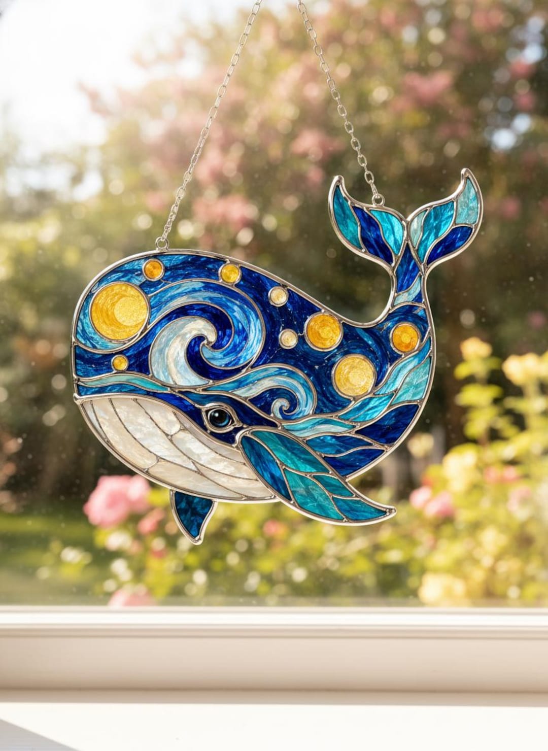 Starry Night Whale Suncatcher, Stained Glass Ocean Decor, Whimsical ...