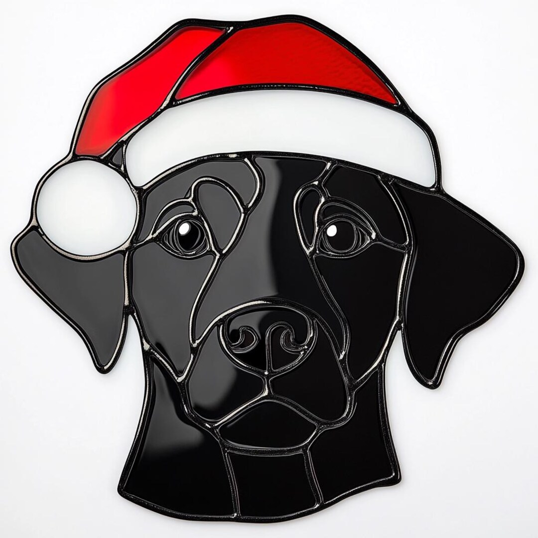 Black Labrador Santa Hat Christmas Dog REAL Stained Glass Window ...