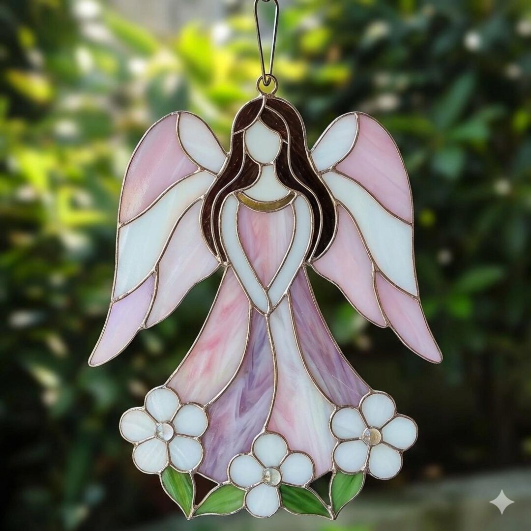 Pink Guardian Angel REAL Stained Glass Plant Stake & Window Hanging ...