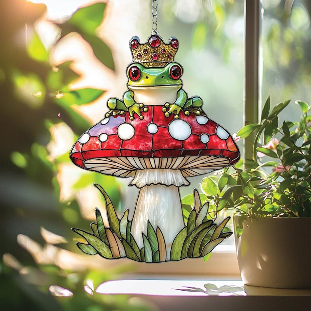 Frog Prince on Mushroom Acrylic Suncatcher – Faux Stained Glass Window ...