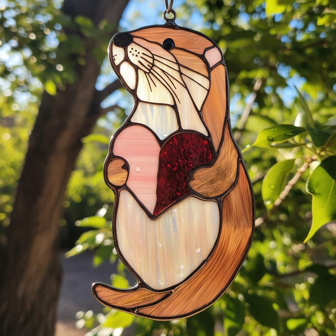Adorable Otter Real Stained Glass Suncatcher With Heart | Handmade ...