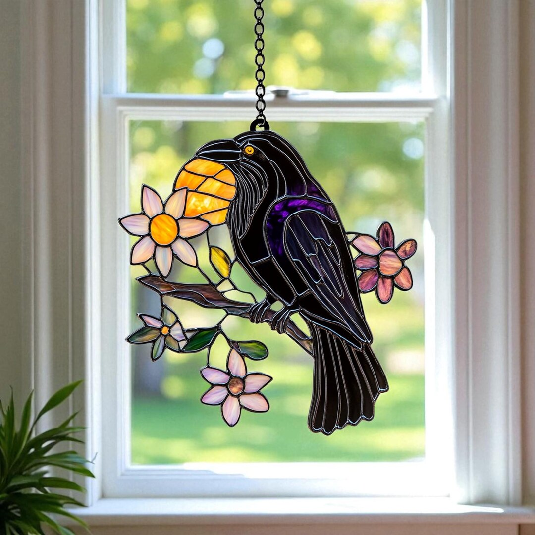 Stained Glass Crow Window Hanging, Gothic Floral Decor - Etsy
