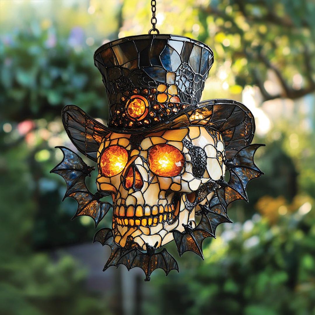Victorian Skull Suncatcher – Halloween Acrylic Faux Stained Glass ...