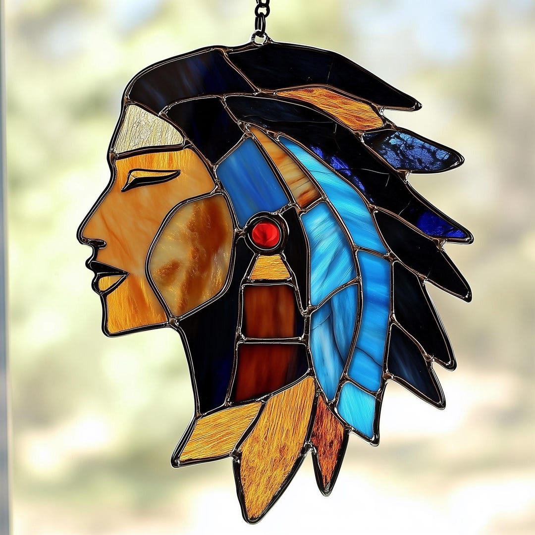 Vibrant Stained Glass Native American Headdress Suncatcher, Boho Window ...