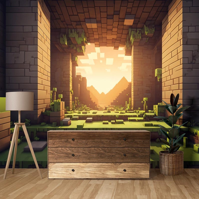 Minecraft Pixel Peel Stick Wallpaper for Game Room Decor Green Pixel ...
