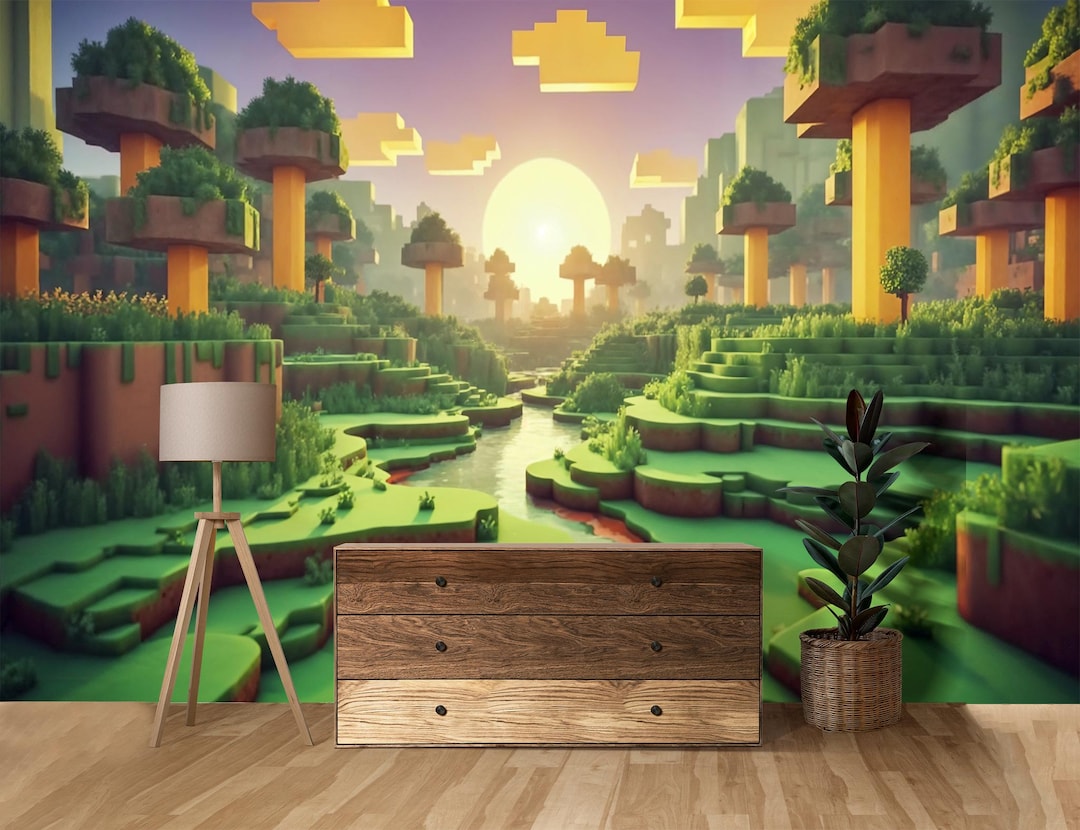 Minecraft Style Landscape Wallpaper , Pixel Forest Wall Mural Art Pell ...