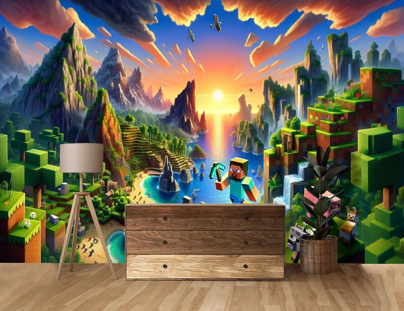 Minecraft Landscape Wallpaper • Gamer Room Decor • Kids Bedroom Poster ...