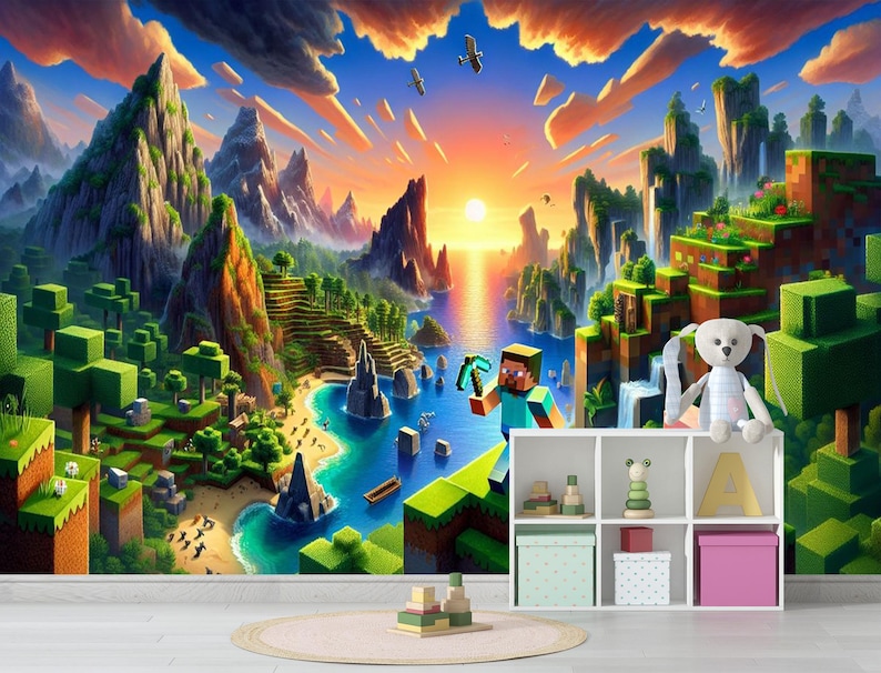 Minecraft Landscape Wallpaper • Gamer Room Decor • Kids Bedroom Poster ...