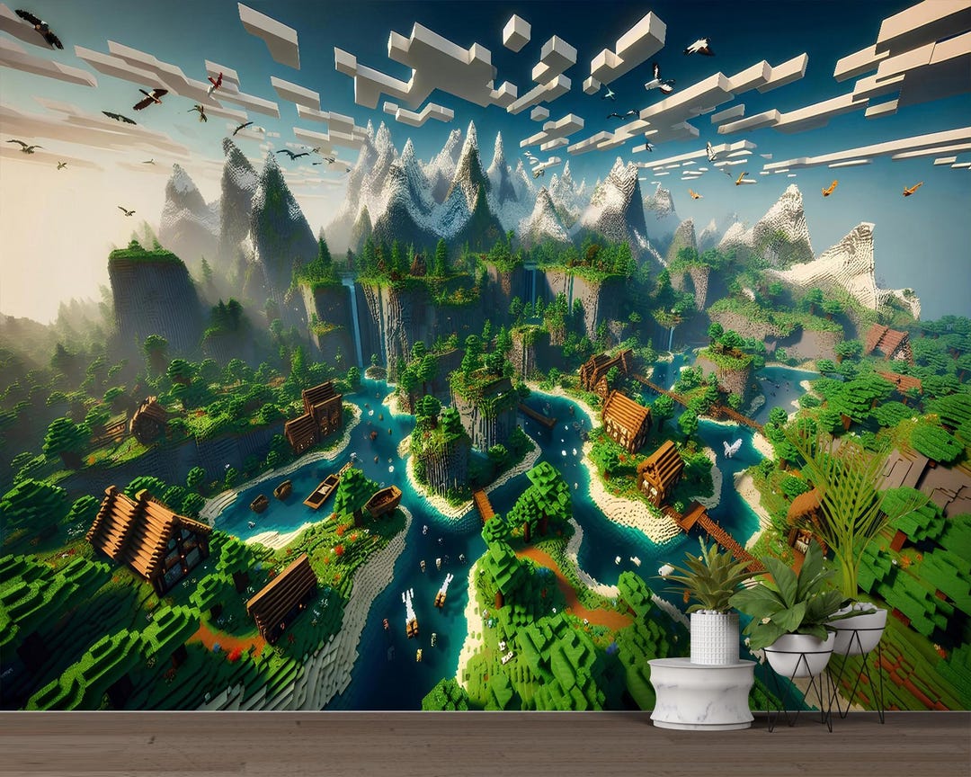 Block Style Fantasy Landscape Wall Mural | Voxel Nature River Village ...