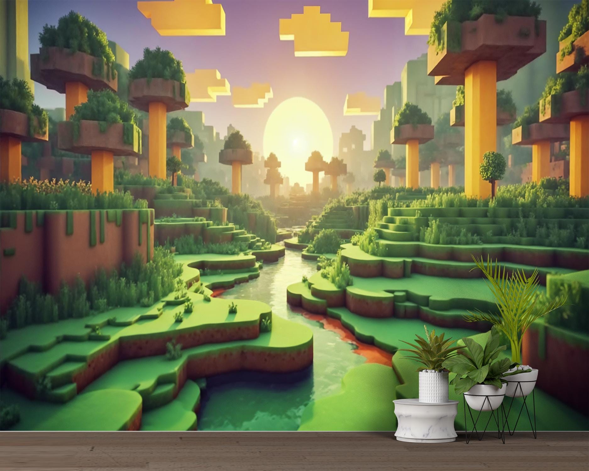 Minecraft Style Landscape Wallpaper , Pixel Forest Wall Mural Art Pell ...