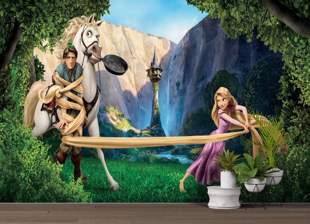 Rapunzel Wall Mural, Funny Cartoon Art, Princess Tower Kids Room Decor ...