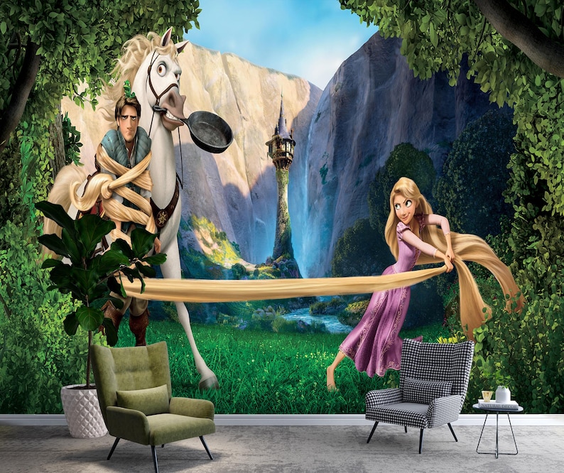 Rapunzel Wall Mural, Funny Cartoon Art, Princess Tower Kids Room Decor ...