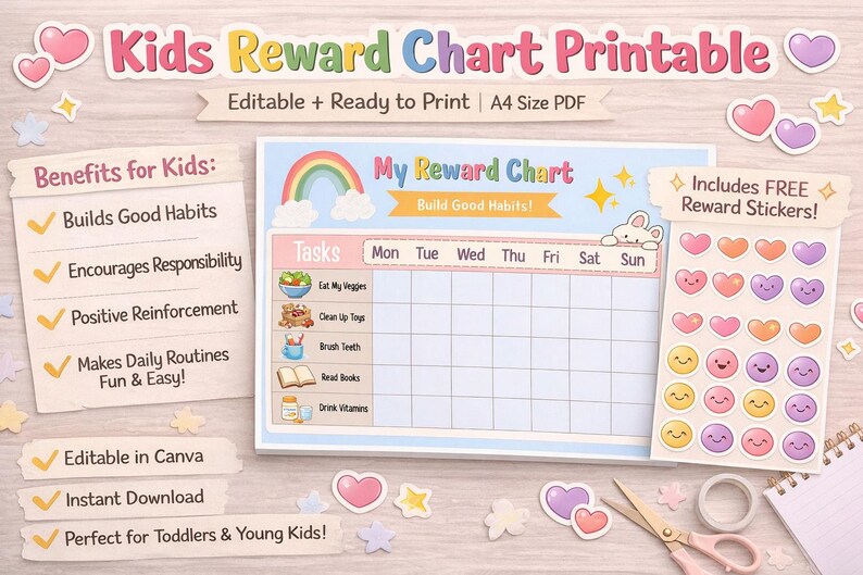 Kids Reward Chart Printable | Editable Canva Behavior Chart | Toddler ...