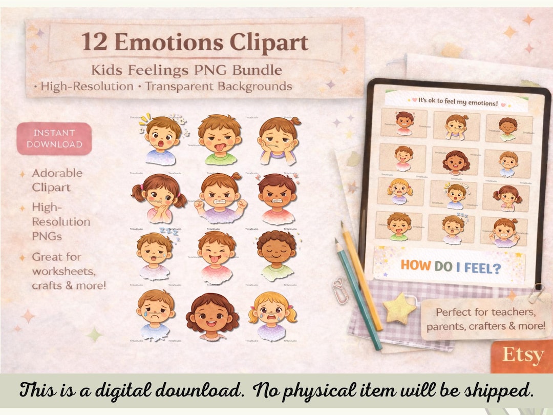 Kids Emotions Clipart PNG Bundle, 12 Feelings Faces, Cute Kids Emotions ...