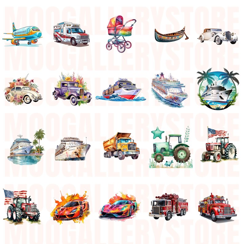 150+vehicles Clipart Bundle – Watercolor Car, Plane, Train, Truck Pngs ...