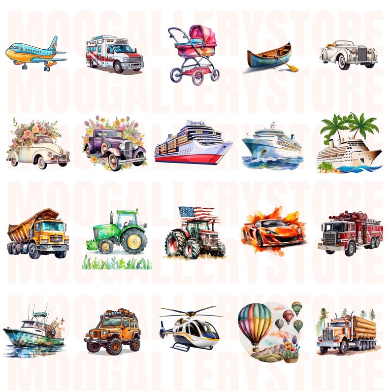150+vehicles Clipart Bundle – Watercolor Car, Plane, Train, Truck Pngs ...